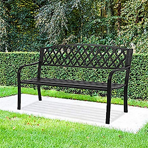 Patio Bench Outdoor Bench Garden Bench Park Yard Furniture 400 lbs Durable Cast Iron Metal Outdoor Seating for Yard Porch Lawn Deck Entryway Backyard, Black