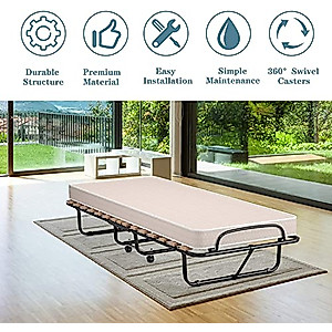Renatone Folding Bed with Mattress, Portable Guest w/ 4 inch Memory Foam Sturdy Metal Frame, Rollaway Cot Size for Adults, Sleeper Bedroom, Living Room, Office, Camping Clear Small Single