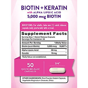 Biotin 5000 mcg | 50 Capsules | With Keratin and Alpha Lipoic Acid | Non-GMO & Gluten Free Supplement | by Nature's Truth
