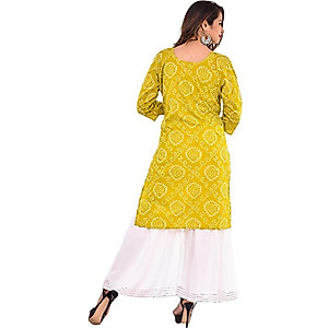 Vrnda Indian Women's Jaipuri Bandhani Printed Straight Cotton Kurti & Rayon Sharara Set For Women (L)