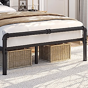 Yaheetech Queen Size Bed Frame, Metal Platform Bed with Faux Leather Height-Adjustable Headboard/12 Inch Underbed Storage/Noise Free/No Box Spring Needed/Industrial Pipe Foot End, Elegant Black