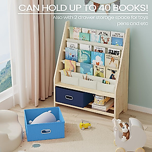 EXPERLAM 4 Tier Kids Book Shelf, Wooden Kids Book Rack Storage Bookshelf with Toy Storage Organizer, Toddler Sling Bookshelf for Boys, Girls, Kids Room, Blue