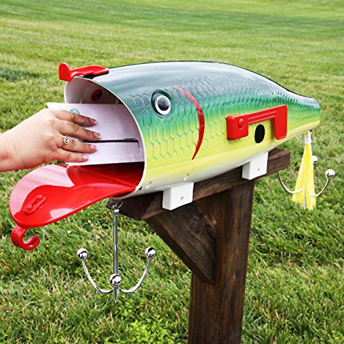 Rivers Edge Products Green Shad Fishing Lure Mailbox for Outside of Residential Home, Rural Mailbox Constructed of Metal with a Plastic Overmold, UV Resistant, Includes Mounting Hardware