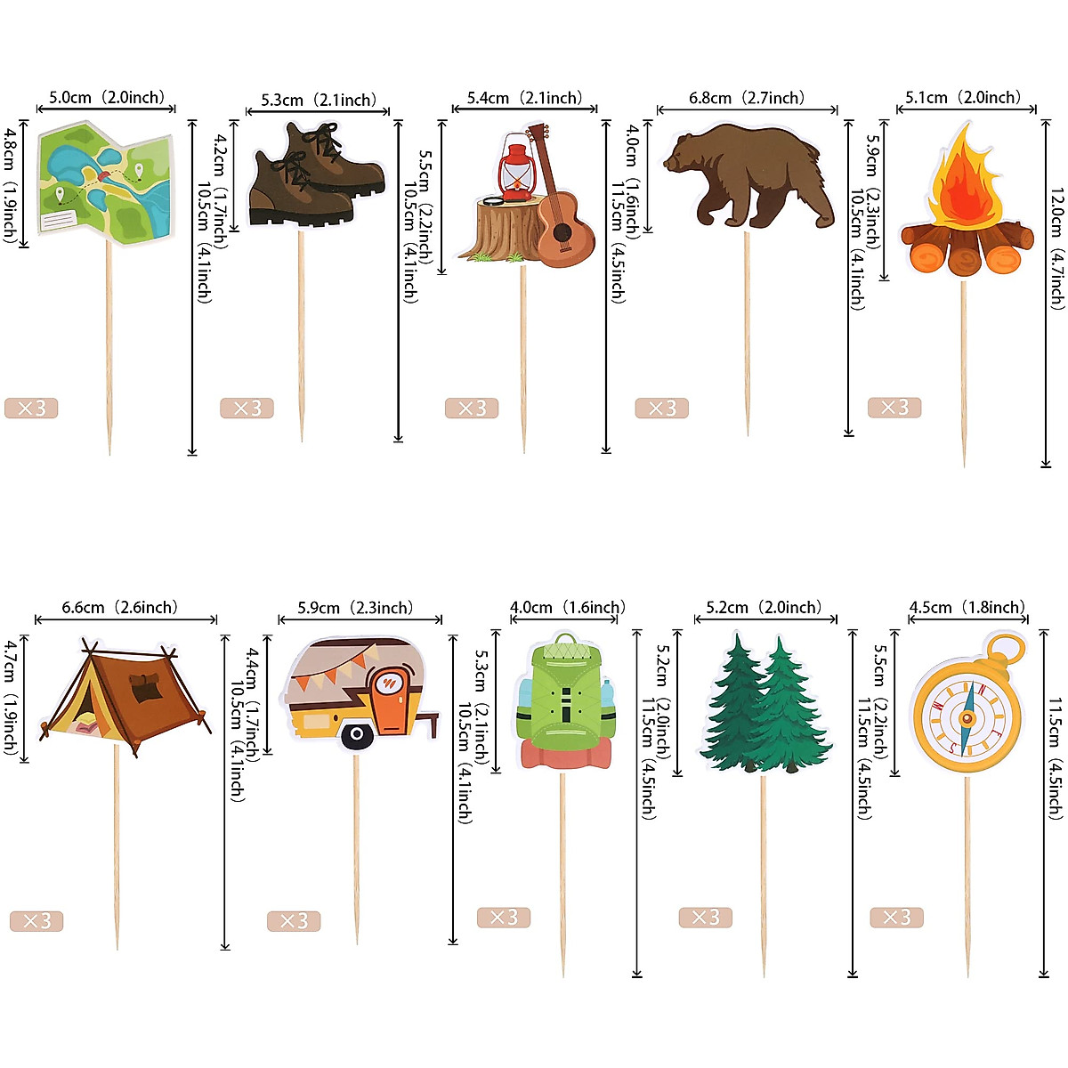 30 PCS Camper Themed Cupcake Toppers Tree Bear Tent Bonfire Guitar Cupcake Picks Happy Camping Cake Decorations for Weekend Outdoor BBQ Camper Woodland Lumberjack Theme Birthday Party Supplies