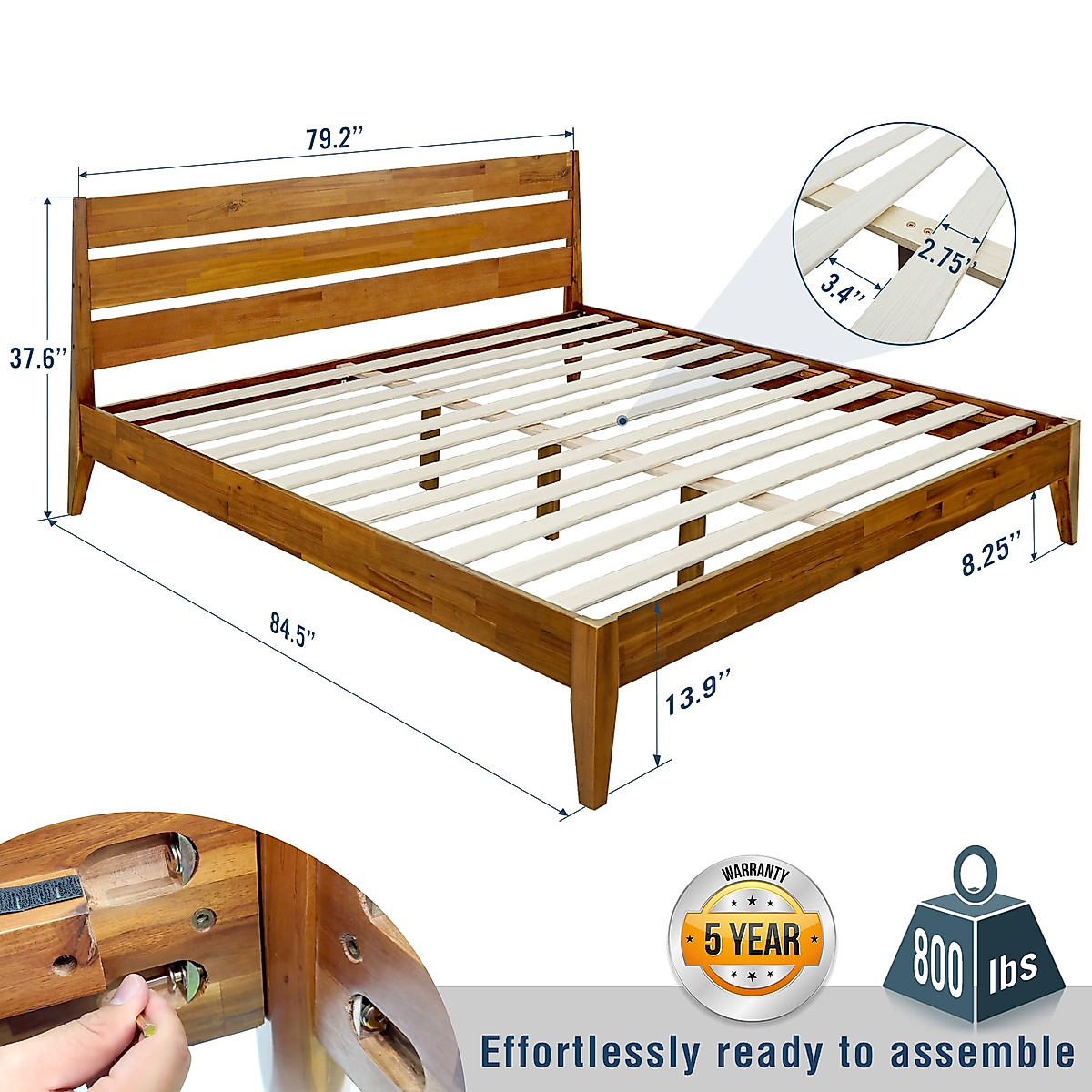 Acacia Emery Bed Frame with Headboard 100% Solid Wood Platform Bed, Mid Century Modern Wood Bed Compatible with All Mattresses, Non-Slip and Noise-Free, 30 Mins Assembly, King Size Bed Frame, Caramel