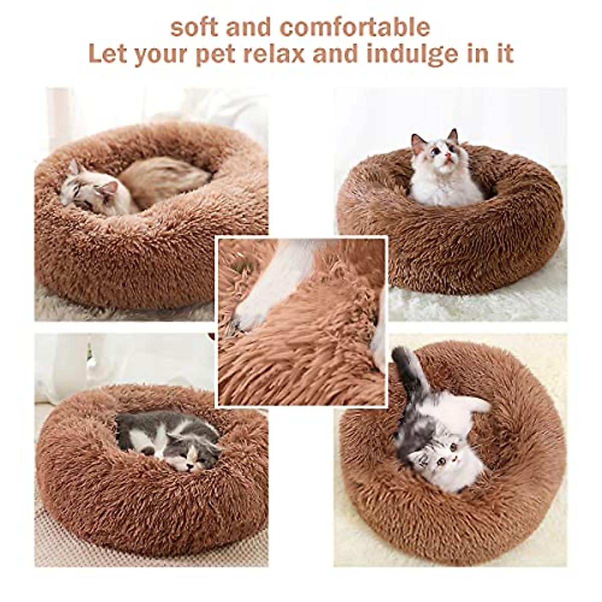 Calming Donut Bed - 23.6" Washable Fluffy Plush Dog Beds, Cozy Soft Anti Anxiety Cuddler, Indoor Pet Cushion with Waterproof Bottom for Small Medium Dogs and Cats