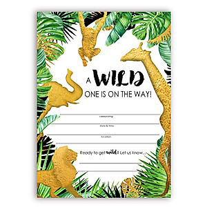 POP parties Golden Safari Baby Shower Invitations - 40 Pieces - 20 Invitations + 20 Envelopes - Gold Safari Baby Shower Supplies - Jungle Baby Shower Decorations - Safari Shower Invitations - WB 20ct