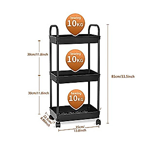 WASJOYE 3-Tier Plastic Rolling Utility Cart with Handle, Black Home Kitchen Office Storage Trolley Cart with Wheels (14 * 8.9 * 33.5 Inch)
