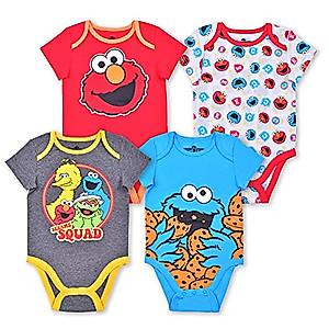 Sesame Street Boys’ 4 Pack Bodysuit for Newborn and Infant – Blue/Red/Grey/White