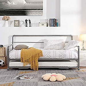 Aoowow Twin Size Metal Daybed with Trundle, Heavy Duty Steel Daybed with Pop Up Trundle Bed,Extendable Daybed Twin to King Size (Silver)
