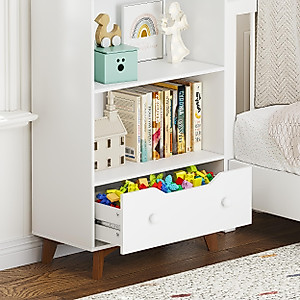 UTEX Kids Bookshelf, Kids Toy Storage Organizer with Drawer and Legs, Mid-Century Bookcase with Storage, Toy Shelf for Kids Room, Classroom, Nursery, White