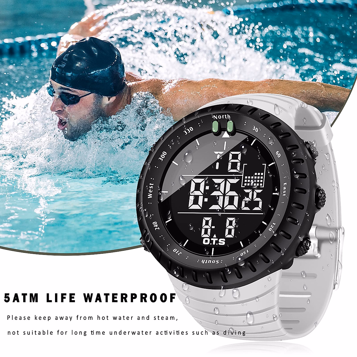 PALADA Men's Digital Sports Watch Waterproof Tactical Watch with LED Backlight Watches for Men (Grey White)