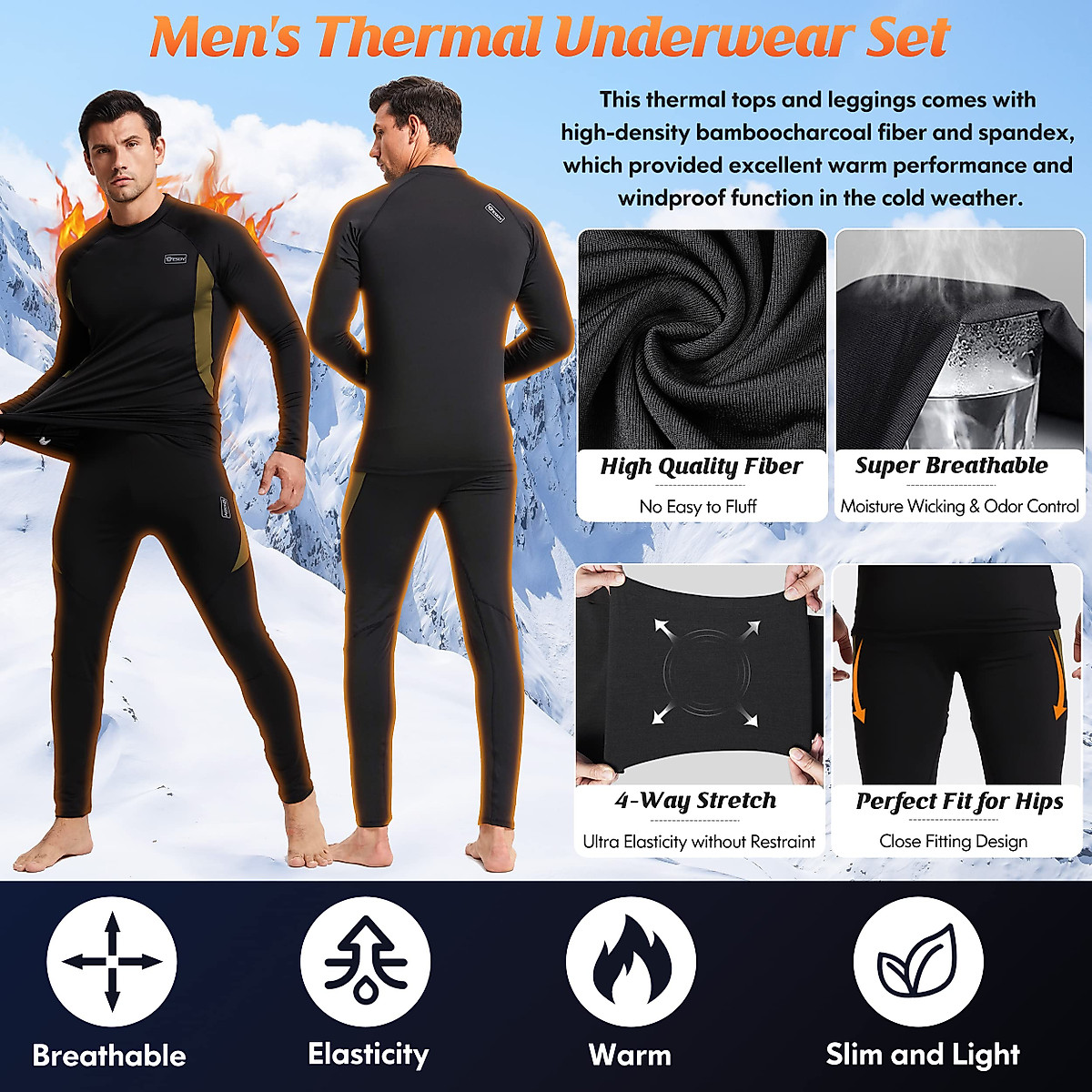 romision Thermal Underwear for Men 2 Pack Sets, Soft Long Johns Warm Base Layer Top and Bottom with Fleece Lined for Cold Winter