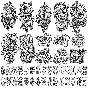 40 sheets Waterproof Temporary Tattoos Flowers Rose Butterfly Fake Tattoo Mix Style Lasting Body Art Tattoo Stickers for Women or Girls
