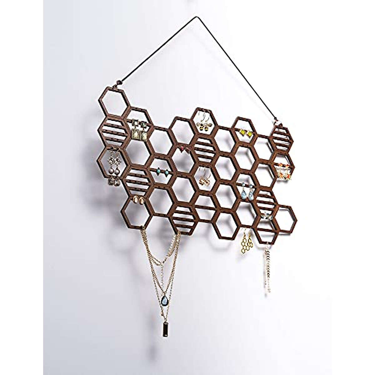 Heesch Hanging Earring Holder Honeycomb Earring Organizer Wall Mount Earring Display Wood Hanging Jewelry Organizer for Stud Earrings, Necklaces (Walnut)