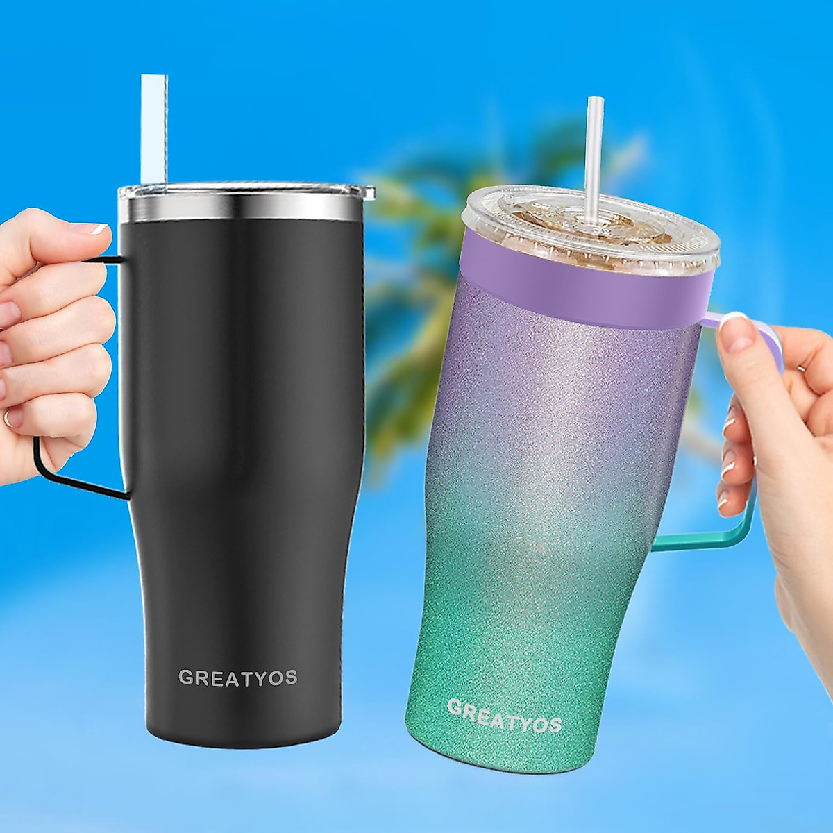 Universal Iced Coffee Sleeve with Handle - Insulated Double Wall Reusable Stainless Steel Holder Insulator for Cold Drinks Fits Starbucks Dunkin Donuts Dutch Bros Small Medium Large Cups (Black)