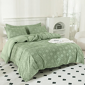 JELLYMONI Light Green Duvet Cover Queen Size - 3 PCS Microfiber Tufted Duvet Cover Set, Boho Textured Duvet Cover Jacquard Rhombus Geometric Pattern Duvet Cover with Corner Ties & Zipper Closure