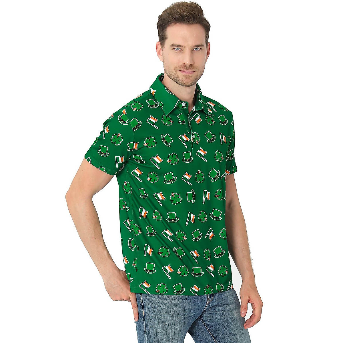 Men's Saint Patricks Day Polo Shirt Irish Shamrock Four Leaf Lucky Clover Short Sleeve Golf Top, Dark Green, Medium