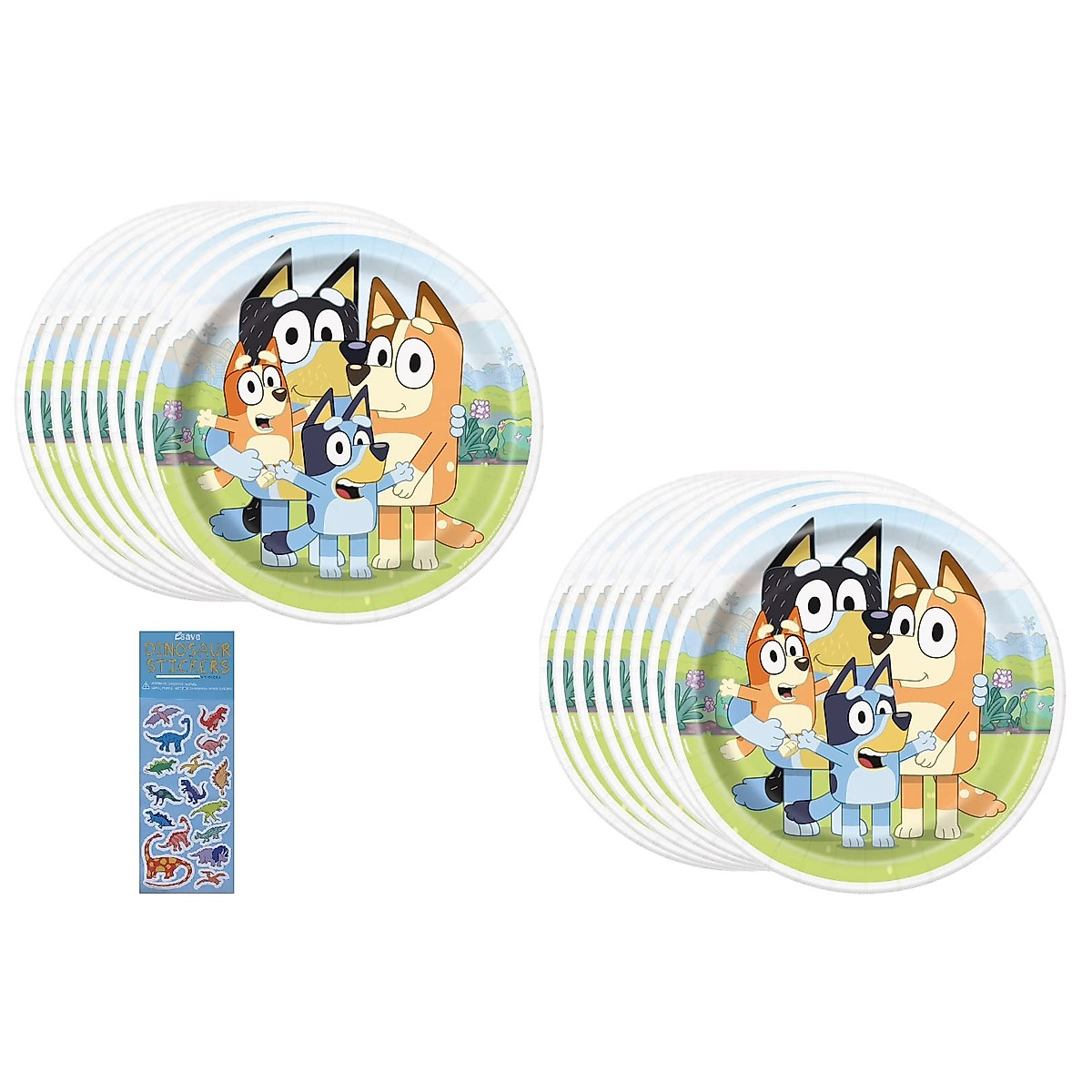 Bluey Birthday Party Supplies Bundle Pack includes Lunch Paper Plates - 16 Count and 1 Dinosaur Sticker Sheet