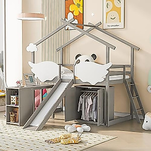 DNYN Twin Size House Bed with Storage Shelves & Pullable Desk & Wardrobe & Slide for Kids Bedroom,Wooden Bedframe w/Ladder & Cute Shaped Fence,Perfect for Boys and Girls,Space Saving Design, Gray