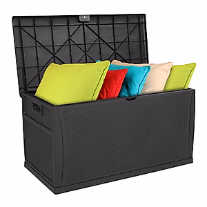 VINGLI 120 Gallon Large Deck Box Outdoor Storage Box with Lid, Plastic Patio Furniture Container Bin Rattan Grain Surface for Cushions Toys Garden Tools Pool Accessories (Black)