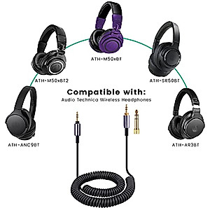 weishan ATH-M50xBT Cable, Coiled Aux Cord Replacement for Audio Technica ATH-M50xBT2, ATH-SR50BT Wireless Headphones, 3.5mm(1/8") Extension Wire with 6.35mm(1/4") Adapter, 14ft