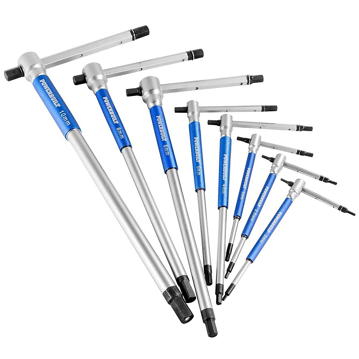 Powerbuilt 8 Pc Metric T-Handle Hex Allen Key Wrench Set w/ Speed Sleeves for Fast Spinning Action, Sliding Top Handle for “T” or “L” Shape, Long Shafts, Storage Rack, Auto, Bicycle, Moto - 941645