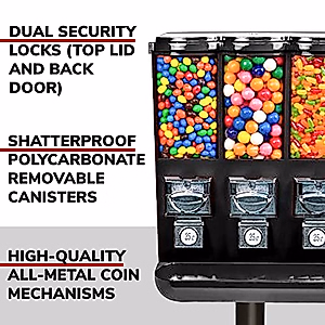 Vending Machine - Commercial Gumball and Candy Machine with Stand - Triple Vending Machine with Removable Canisters - Coin Operated Candy Dispenser and Gumball Machine - Vending Dispenser - Black