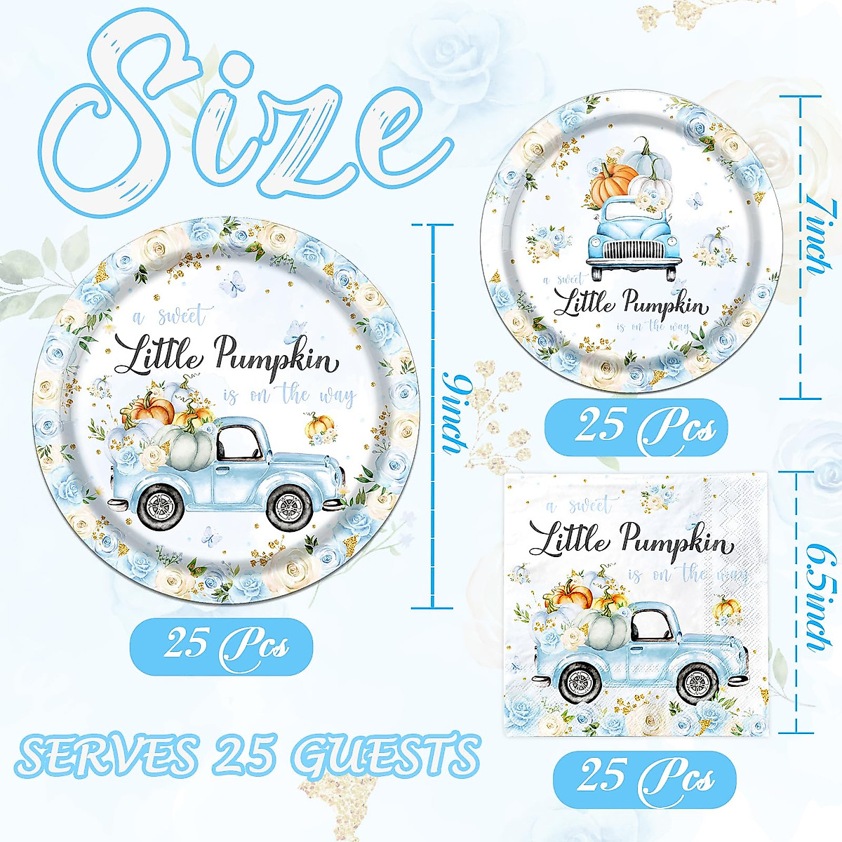 Little Pumpkin Paper Plates and Napkin Pumpkin Baby Shower Party Decorations for Boy A Little Sweet Pumpkin is On The Way Blue Floral Truck Disposable Tableware Party Supplies Favor for 25 Guests
