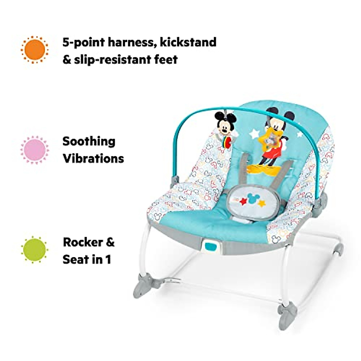 Bright Starts Disney Baby MICKEY MOUSE Infant to Toddler Rocker & Seat with Vibrations and Removable -Toy Bar, 0-30 Months Up to 40 lbs (Original Bestie)