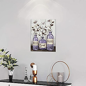 Purple Bathroom Decor Wall Art Rustic Cotton Flowers Bathroom Pictures for Wall Farmhouse Bathroom Canvas Prints Country Relax Soak Unwind Signs Painting Modern Home Artwork for Bathroom 12"x16"