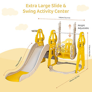 4-in-1 Toddler Slide and Swing Set with Extra Large Playground, Basketball Hoop & Climber, Indoor/Outdoor Playset, Taxi Collection – Yellow