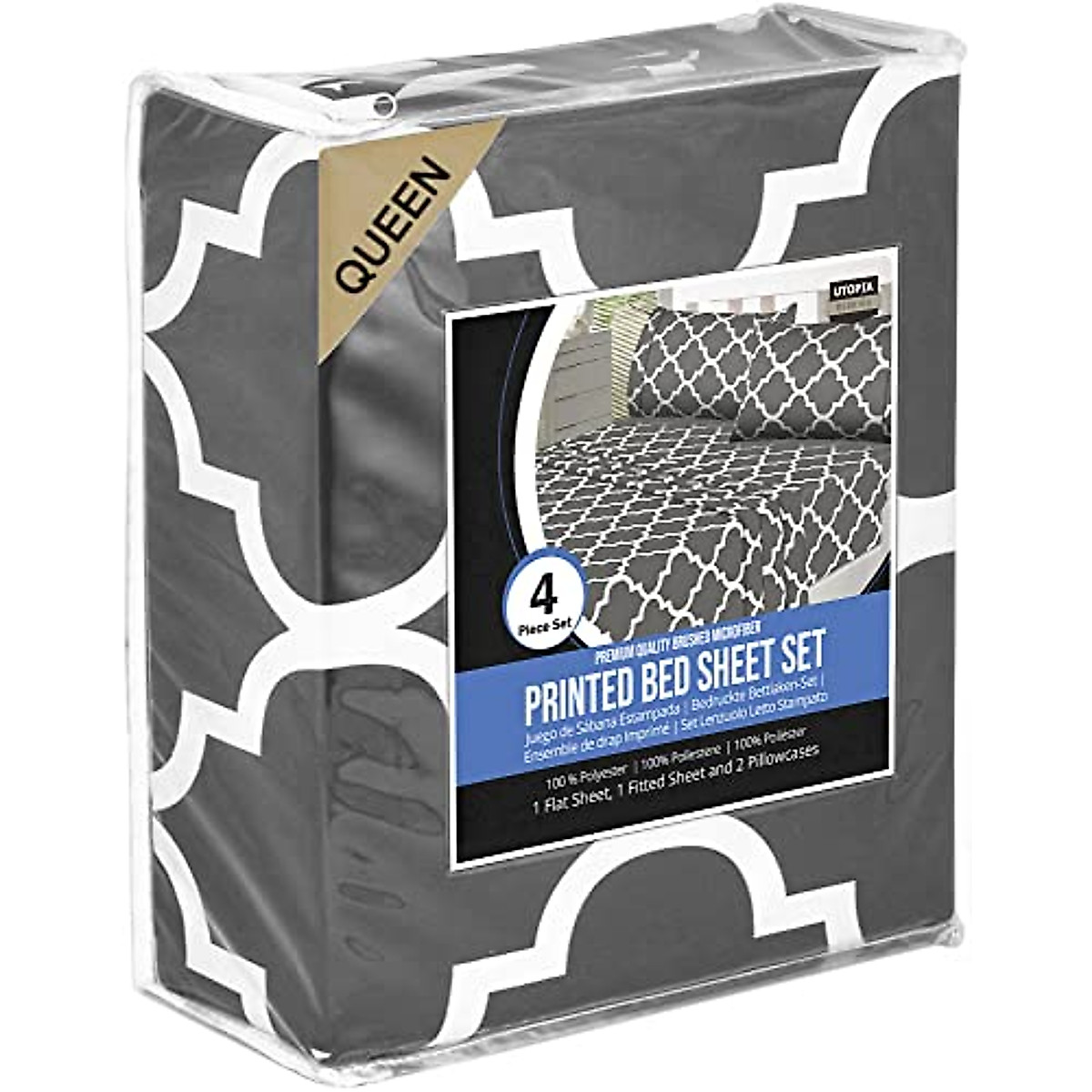 Utopia Bedding Queen Sheet Set, Soft Microfiber 4 Piece Bed Sheets with 16" Deep Pocket - Easy Care Brushed Microfiber (Quatrefoil - Grey)