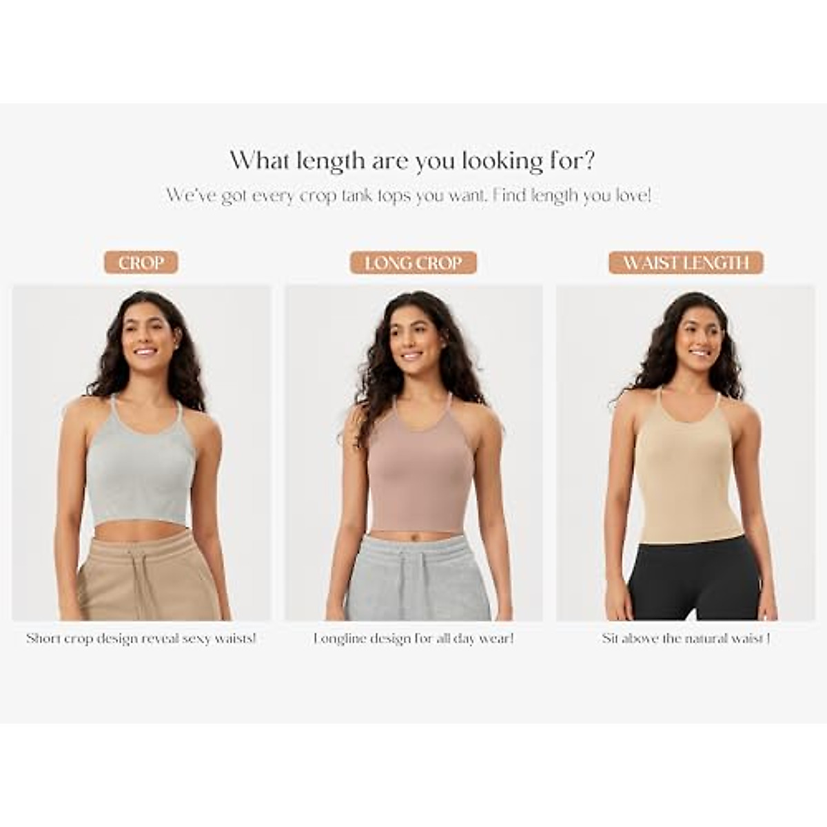 ODODOS Women's Crop Camisole 3-Pack Seamless Rib-Knit Crop Tank Tops, Long Crop, Beige Coral Teal, X-Small/Small