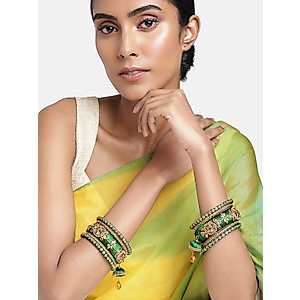 Aheli Royal Designer Faux Stone Studded Silk Thread Bangle Set Matching Chudha with Jhumki Tassel Hanging Indian Bollywood Fashion Jewelry for Women Girls (Green 2.8 Inch)