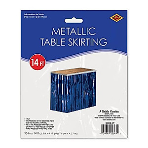 Beistle 1-Ply Metallic Plastic Foil Fringe Table Skirt Parade Floats, Mardi Gras Party, Birthday Decorations, Baby Shower Celebration, Wedding Reception, 30" x 14', Navy