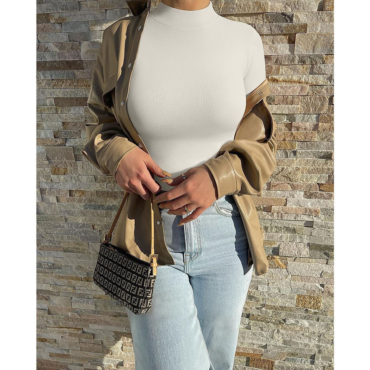 OQQ Women's 2 Piece Long Sleeve High Neck Shirt Stretch Fitted Underscrubs Layer, Black,beige, Large