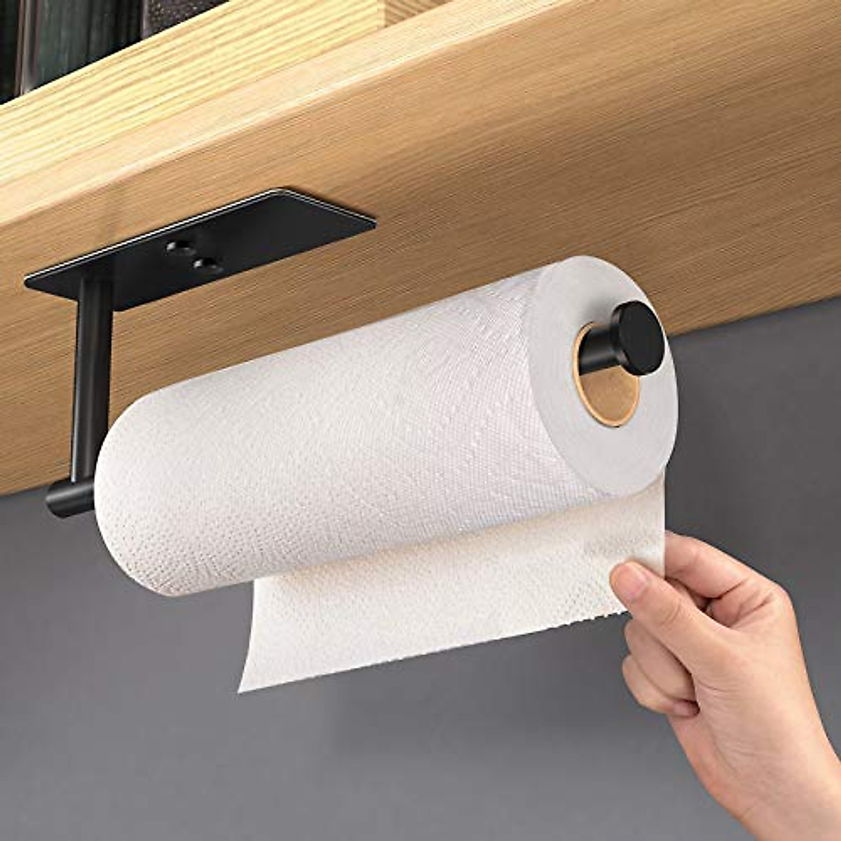 VAEHOLD Self Adhesive Paper Towel Holder Under Cabinet Mount, Wall Mount Paper Towel Roll Rack for Kitchen Cabinet, Bathroom, Wall - SUS304 Stainless Steel Black