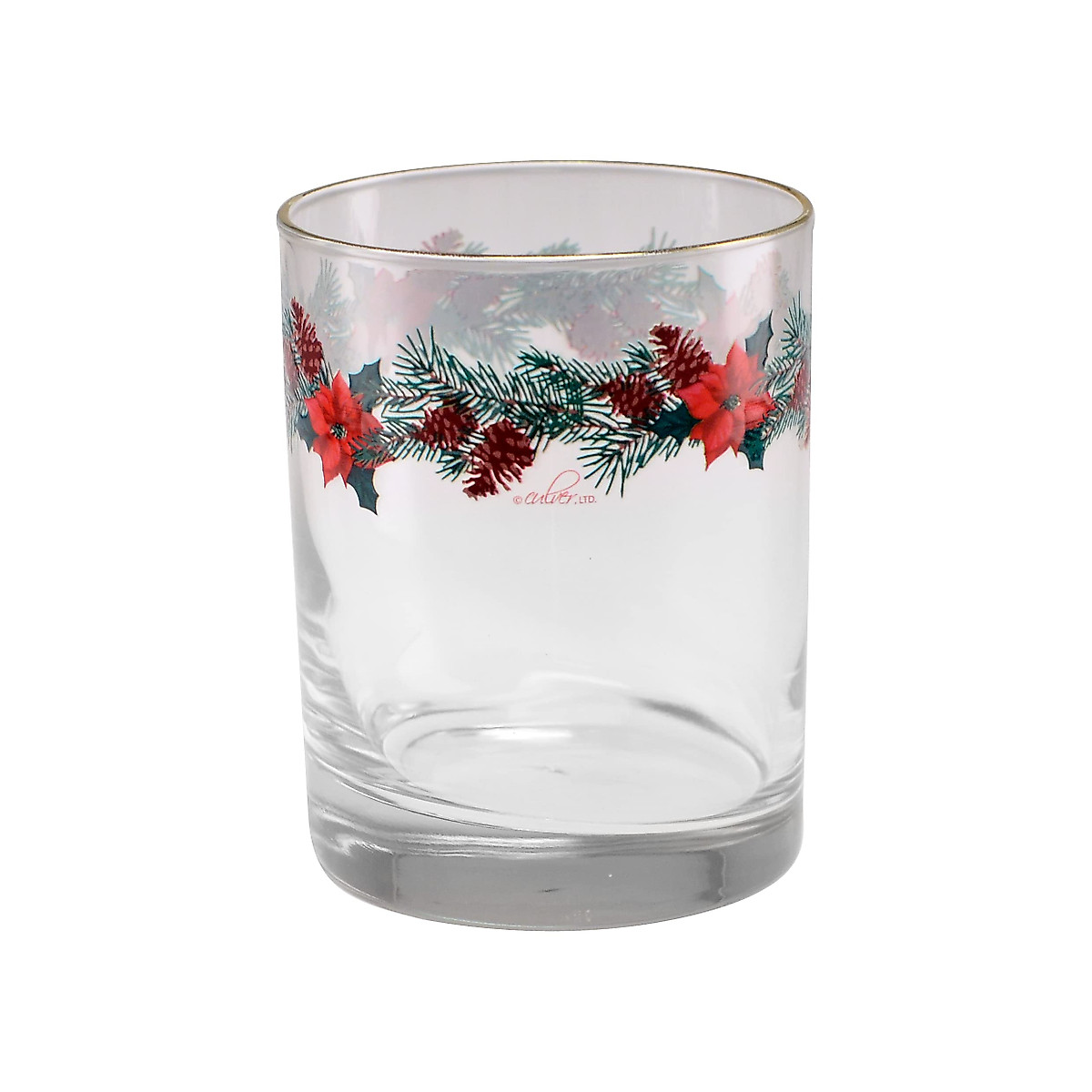 Culver 22k Gold Rim Poinsettia Pine Cones DOF Double Old-Fashioned Holiday Glasses, 13.5-Ounce, Gift Boxed Set of 2