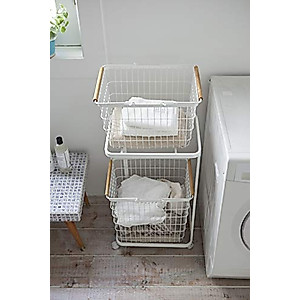 Yamazaki Home Laundry Basket Wagon-Large Storage Hamper Organizer | Steel + Wood | Short | Rolling Carts, White