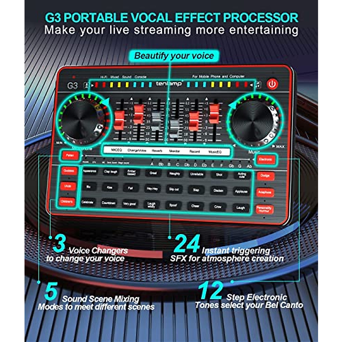 Audio Mixer with Sound Card, tenlamp Two 3.5mm Studio Condenser Microphone and G3 Audio interface, Sound Board Voice Changer, Podcast Equipment Bundle for PC Recording Gaming Live Streaming Podcast