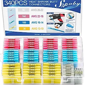 340PCS Heat Shrink Butt Connectors, Sopoby Marine Grade Electrical Wire Connectors Kit, Tinned Red Copper Insulated Waterproof Crimp Terminals Butt Splice for Cable,Boat,Wiring