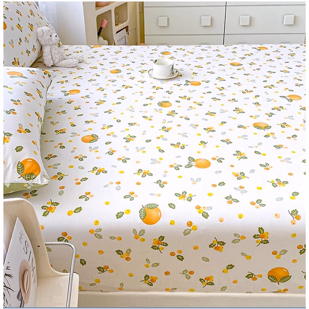 100% Cotton Fitted Sheet with Elastic Band +2pc Pillowcases Orange Fruit Print Double Queen Cal-King Size Mattress Cover for Girls Boys B99A (Queen (U.S. Standard))