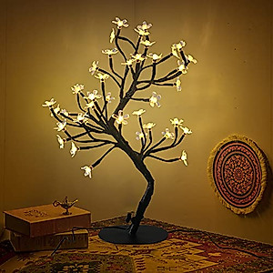 pete mici Cherry Blossom Tree Lights 17 inch 40LED Tabletop Bonsai Tree Lights USB Powered Cherry Blossom Flower Lamp Fairy Light Tree for Bedroom Home Decoration (Warm White)