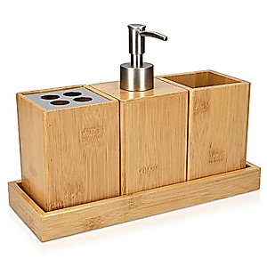 Navaris Bamboo Bathroom Accessories Set - 4-Piece Bath Set with Toothbrush Holder, Soap Dispenser, Storage Container, Organiser Tray - Natural Wood