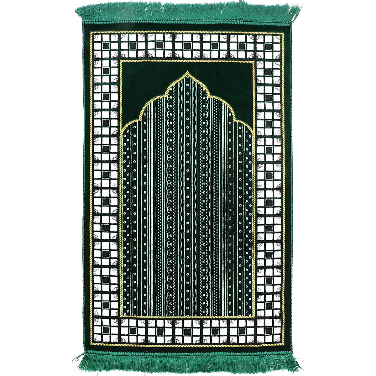 Modefa Turkish Islamic Prayer Rug - Thin & Lightweight Velvet Praying Carpet - Soft Muslim Praying Mat Janamaz - Ramadan or Eid Gift for Men & Women - with Car Hanger - Vined Arch (Green)