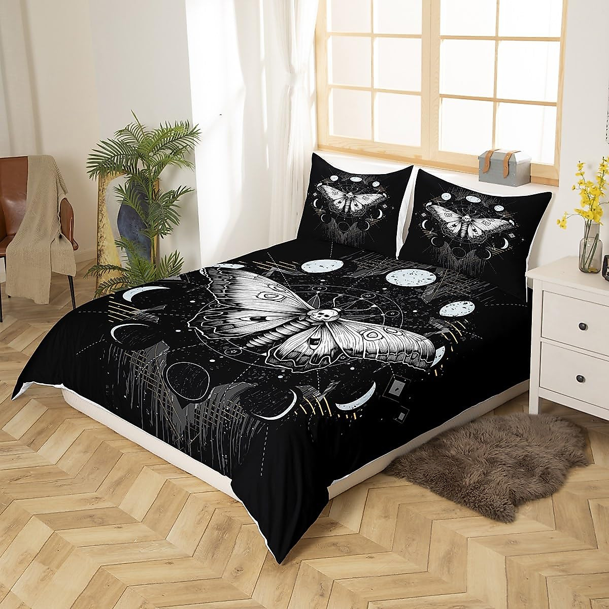 Death Moth Duvet Cover Set Queen Size Galaxy Sun and Moon Comforter Cover Boho Gothic Skull Bedding Set 3pcs for Kids Boys Teens Room Decor Black and White Quilt Cover with 2 Pillowcases, No Comforter