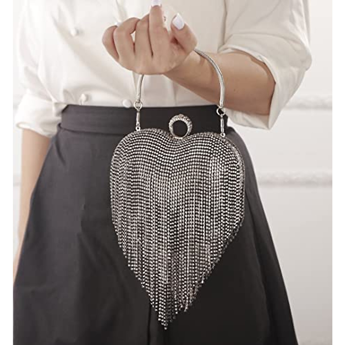 Sither Rhinestone Tassel Handbag Purses for Women Evening Handbag Purses Heart Shape Clutch Purses Sparkly Clutches Shoulder Chain Bags for Party Prom Christmas Gift (black)