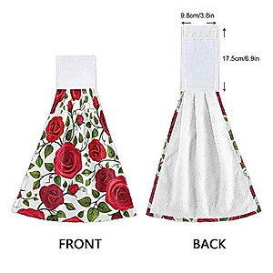 YYZZH Red Rose Flower with Green Leaf Floral Print Valentines Day Design Kitchen Hand Towels with Hook & Loop Set of 2 Absorbent Bath Hand Towel Hanging Tie Towel