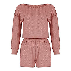 HGps8w 2 Piece Outfits for Women's Waffle Knit Long Sleeve Top and Shorts Pullover Nightwear Lounge Pajama Set with Pockets